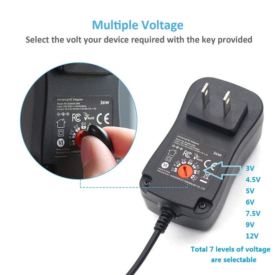 POWSEED 3V 4.5V 5V 6V 7.5V 9V 12V 3A 2A 1A 36W Universal AC Adapter ...