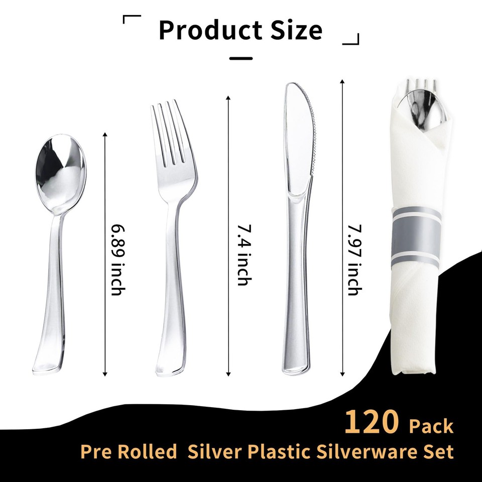 120 Pack Pre Rolled Silver Plastic Silverware Set, Wrapped Silverware ...