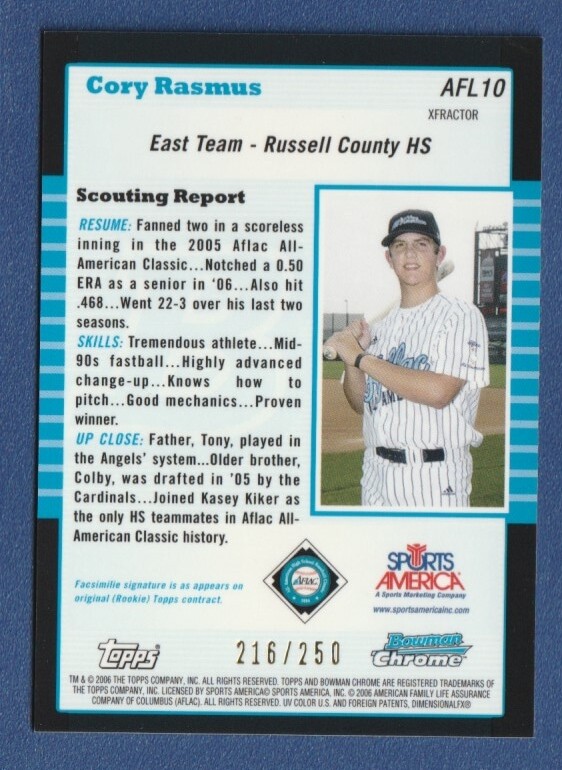 CORY RASMUS 2005 Bowman Chrome Aflac Xfractor RC #AFL10 Braves Rookie ...