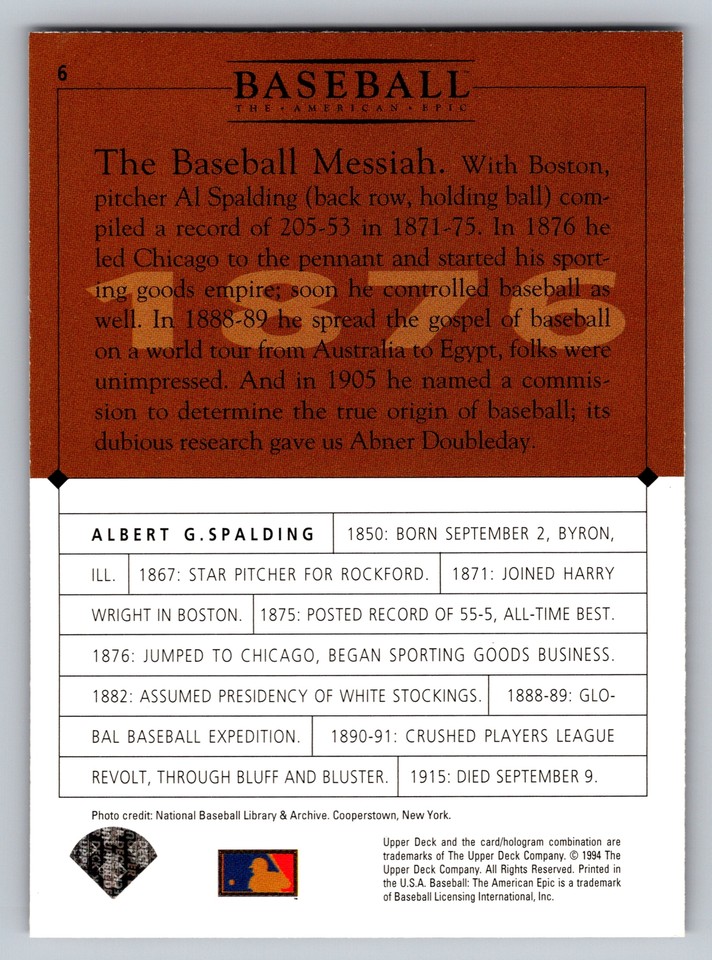 1994 Upper Deck Baseball: The American Epic #6 Albert Goodwill Spalding ...