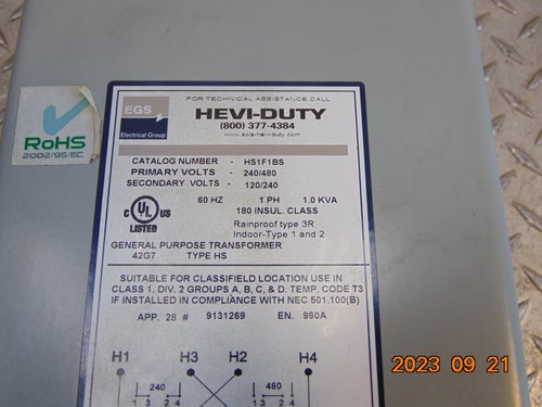 EGS SOLA HEVI-DUTY HS1F1BS 1.0KVA TRANSFORMER PRI: 240/480V SEC: 120 ...