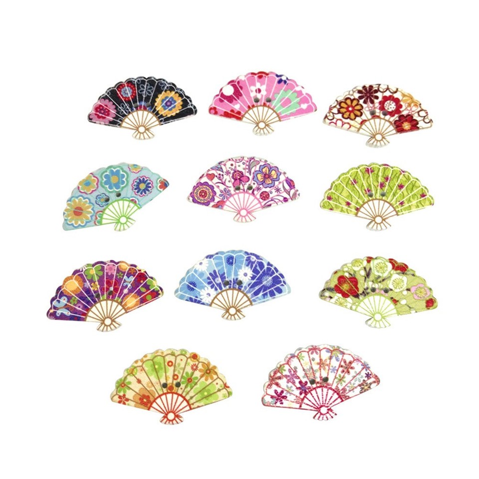 50 Pcs 30*18mm Mixed Random Painting Fan Shape 2 Holes Wooden Buttons ...