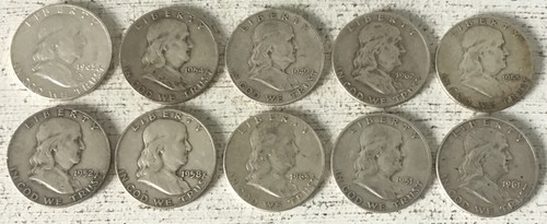 10 Coin Benjamin Franklin Half Dollar Lot 90% Silver Cull Slick 5 FV 1/ ...
