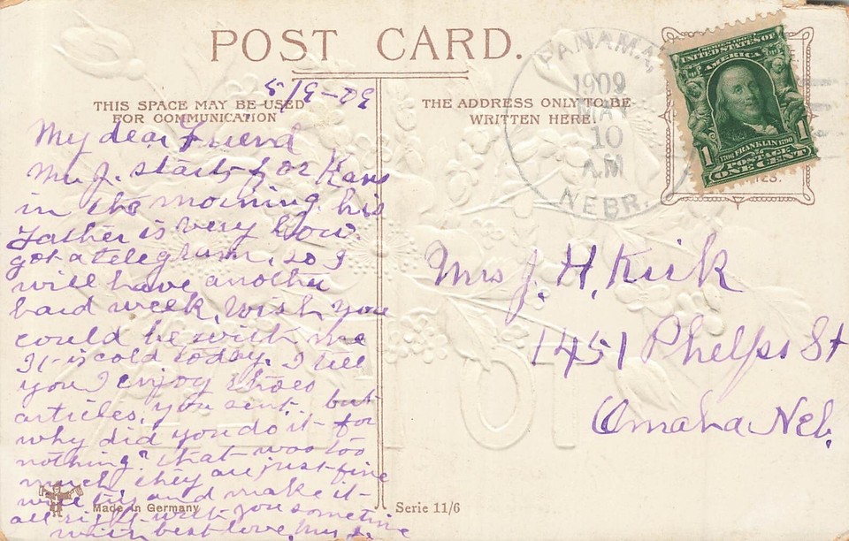 Vintage Postcard To All Flower Embossed 1909 Panama Nebraska PM Kirk ...