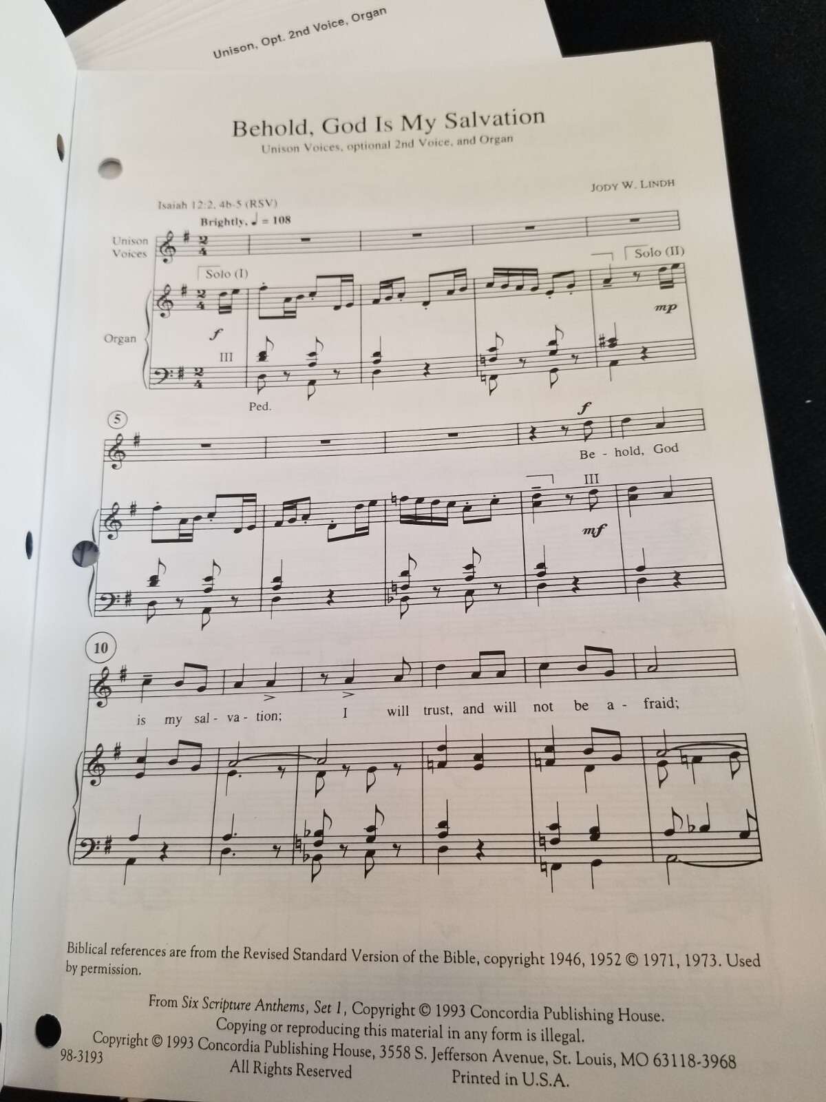 Lot of 13 Behold, God Is My Salvation, Voice and Organ, Jody W. Lindh ...
