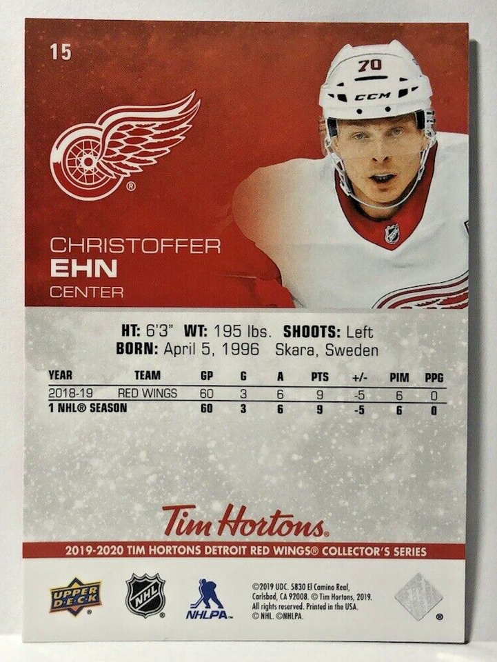 2019-20 UPPER DECK TIM HORTONS # 15 CHRISTOFFER EHN - DETROIT RED WINGS ...