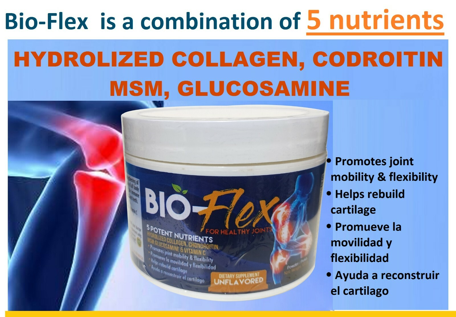 BIOFLEX Condroitina Glucosamina MSM sin sabor Colágeno Hidrolizado ...