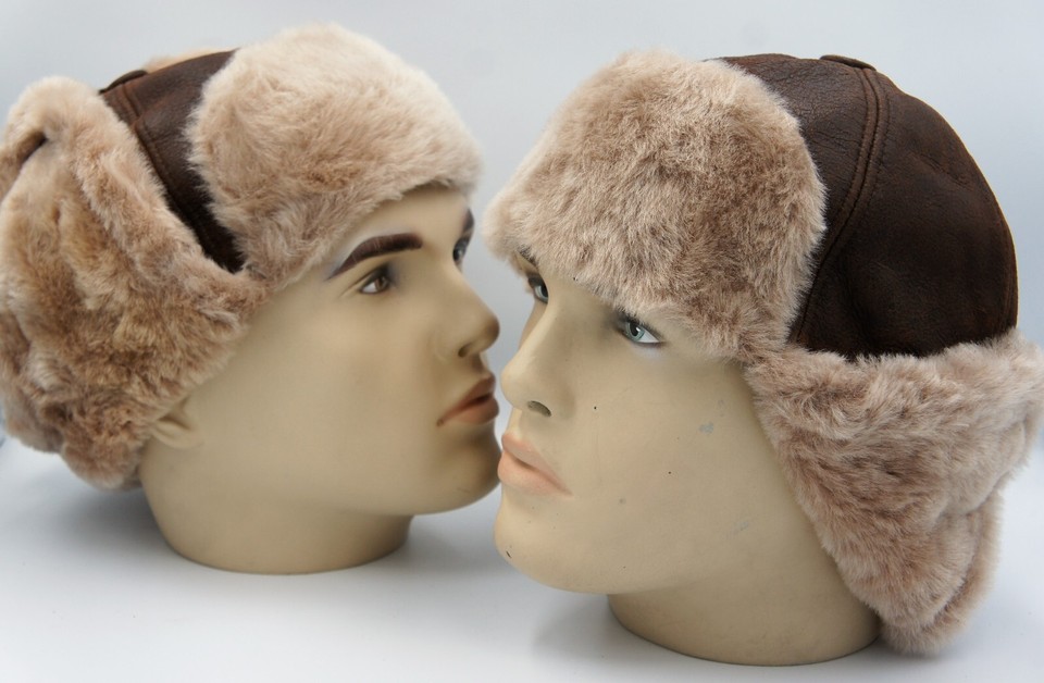 100% Sheepskin Shearling Leather Hat Trapper Ushanka Hunting M-3XL ...