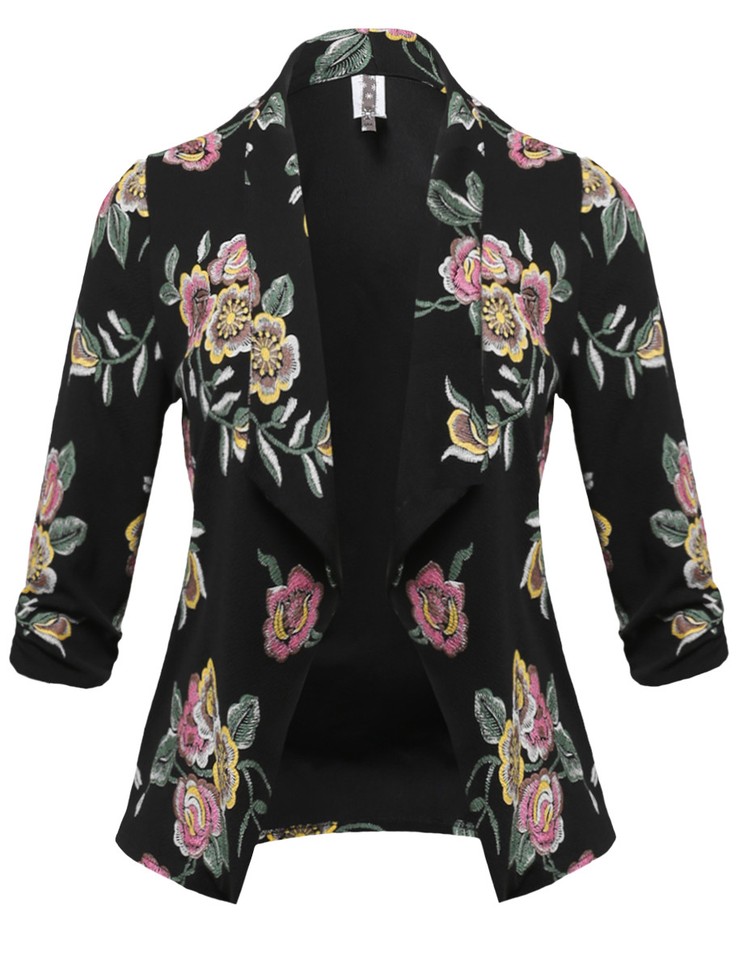 FashionOutfit Women's Solid/Print Stretch 3/4 Gathered Sleeve Open ...