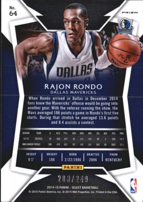 2014-15 Select Concourse Prizms Blue Basketball Card #64 Rajon Rondo ...