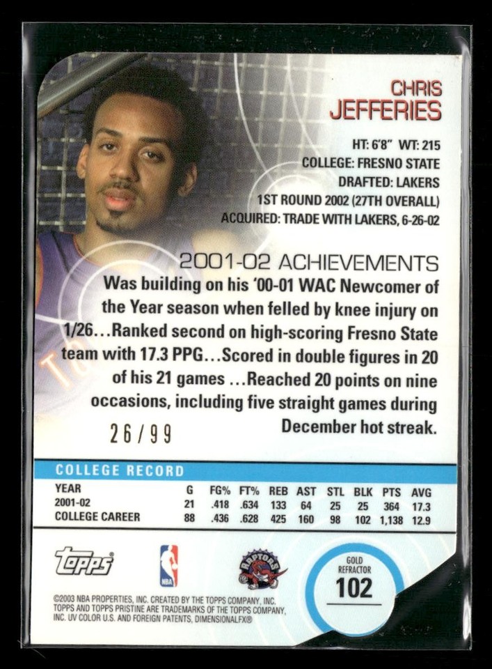 2002-03 Topps Pristine #102 Chris Jefferies Refractors Gold #/99 | eBay