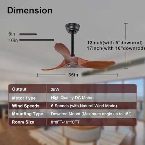 36 Inch Ceiling Fan no Light with Remote Control,Wood Ceiling Fans ...
