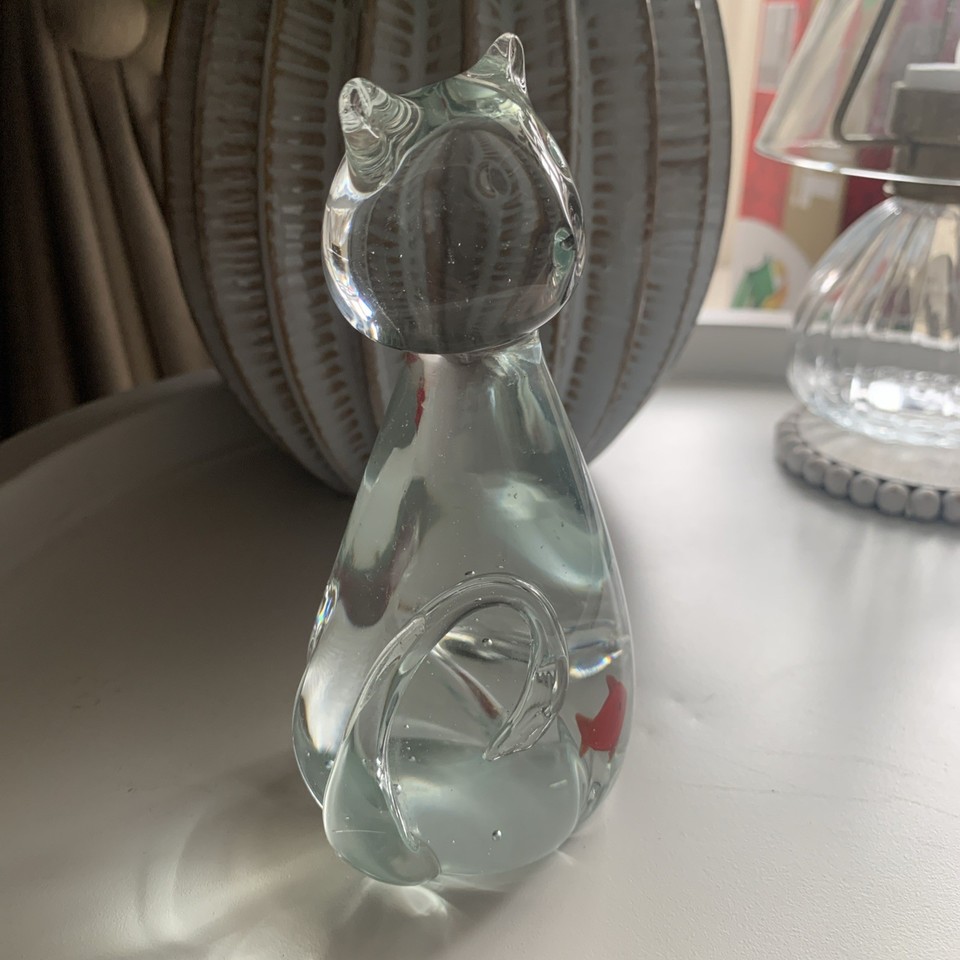 Glass Cat Paperweight With Fish Inside MURANO Style 14cm Tall | eBay UK