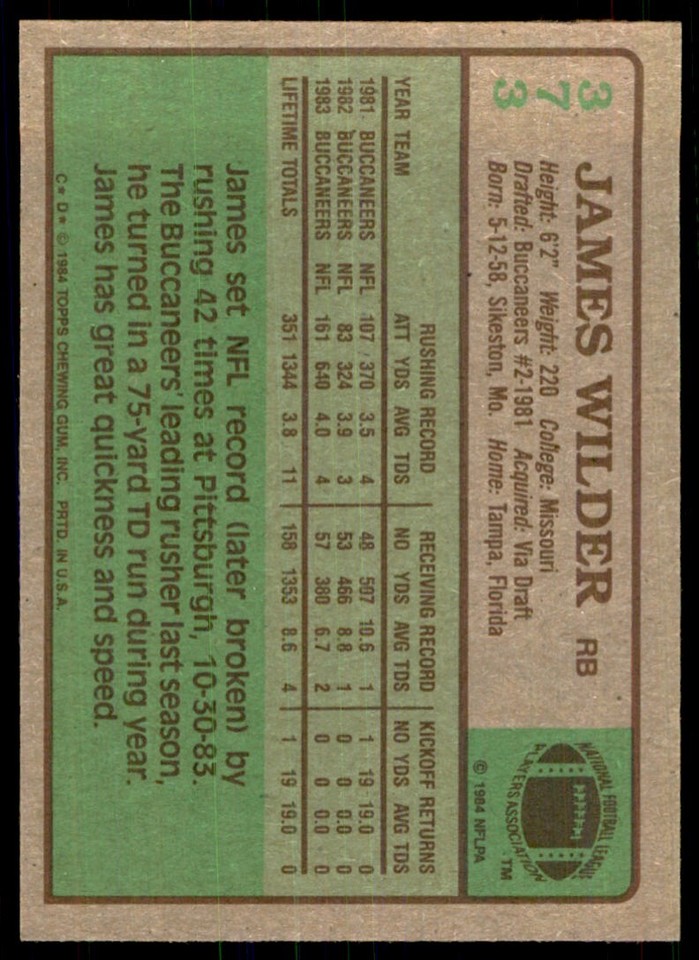 1984 TOPPS JAMES WILDER TAMPA BAY BUCCANEERS #373 | eBay