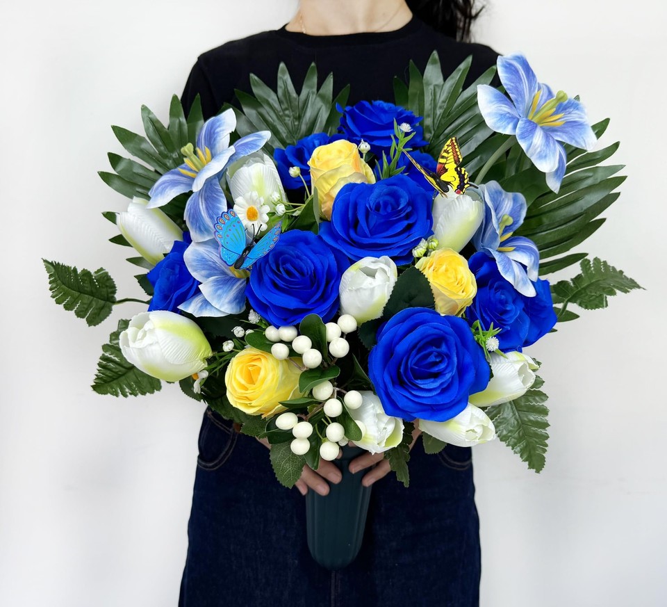 Cemetery Flowers for Grave,Blue Memorial Silk Bouquet with Vase for ...