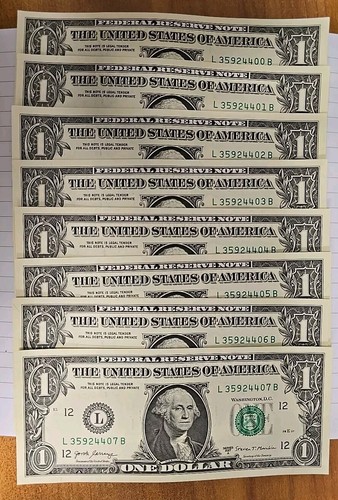 One Set Of EIGHT, 2017A $1 Dollar Bills With Sequential Serial Numbers ...