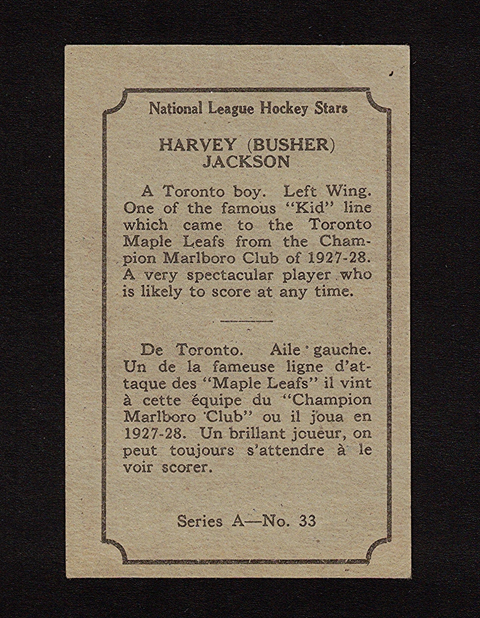 1933-34 HARVEY Busher JACKSON #33 ROOKIE VG-EX Leafs HOF Star NHL ...