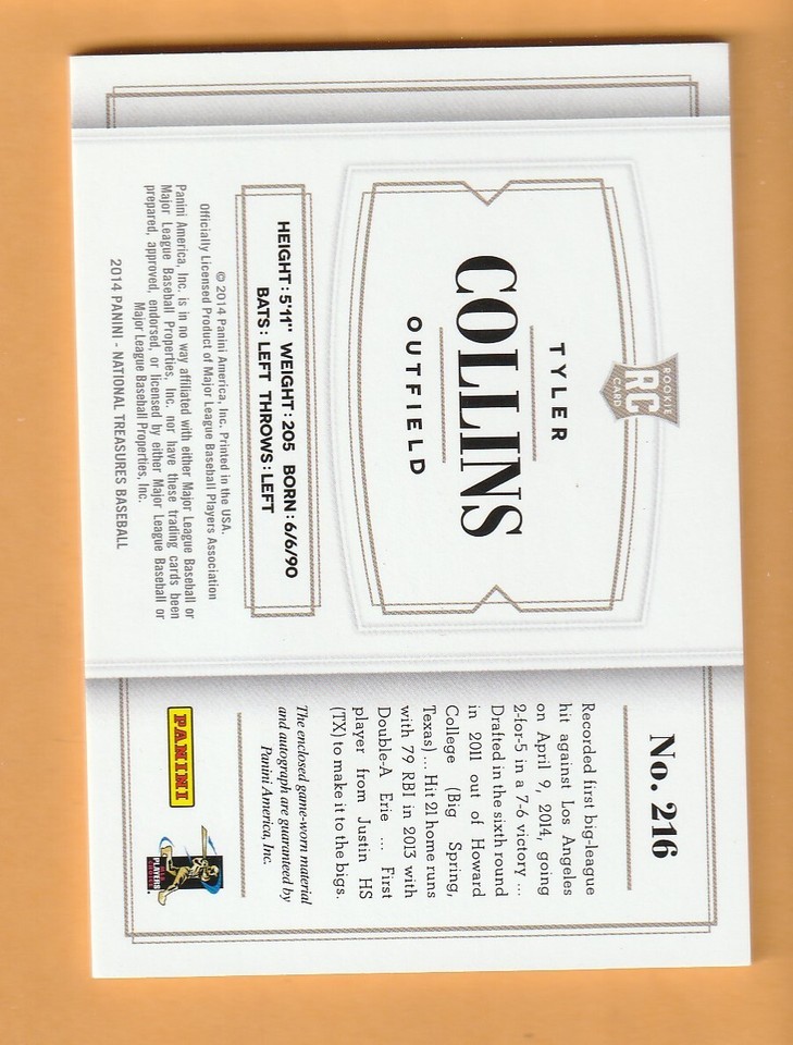 Tyler Collins Detroit Tigers AUTO JSY 2014 National Treasures #216 /99 ...