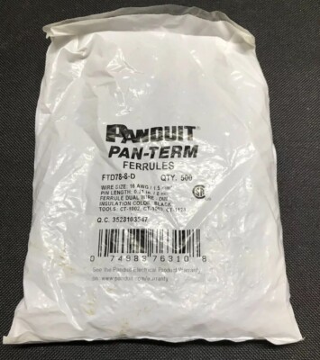 500 x Panduit FTD78-8 Pan-Term Ferrules - 16AWG 8mm Black Sleeve ...