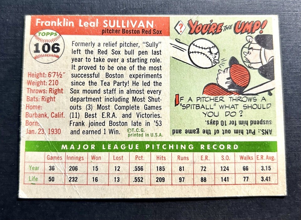 1955 Topps #106 Frank Sullivan RC VGEX/EX | eBay