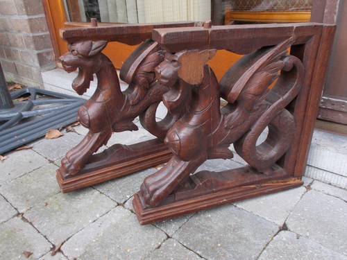 Pair of Antique hand Carved Wood Corbel Gothic winged Gargoyle Chimera ...