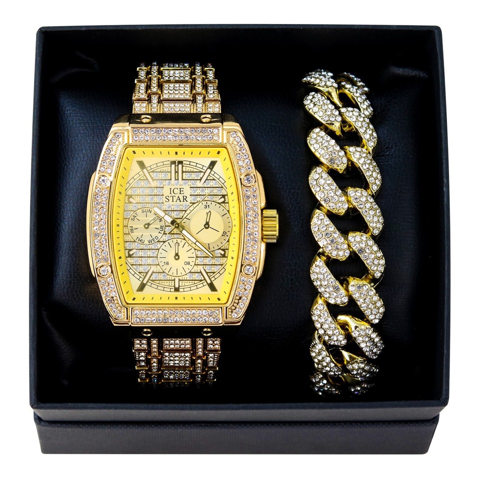 HIP HOP SIMULATED DIAMOND LUXURY METAL BAND WATCH & ICED CUBAN BRACELET ...