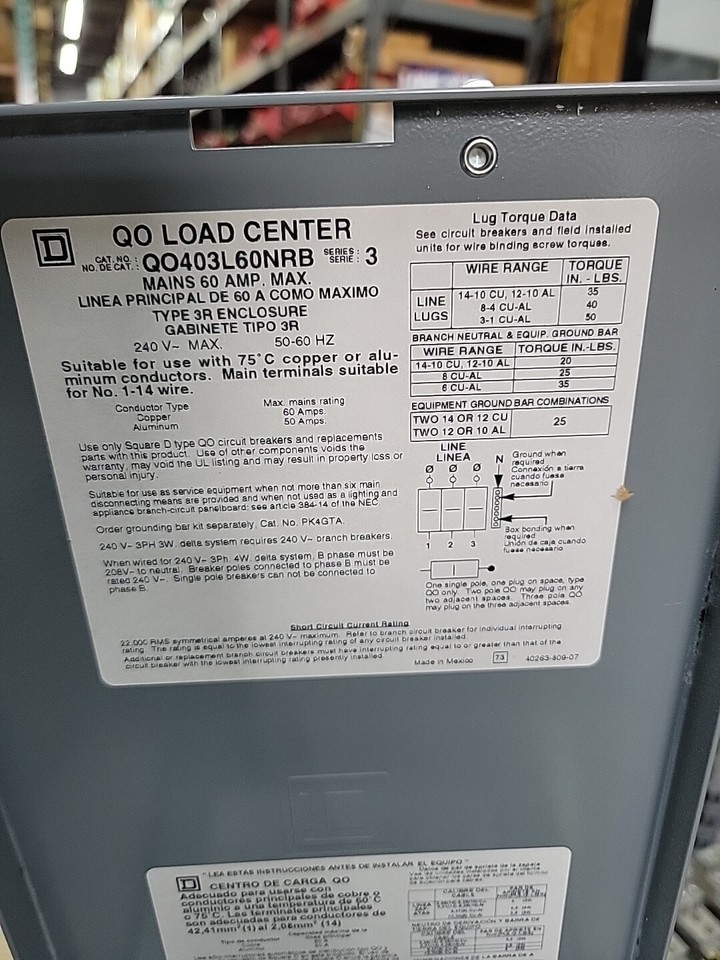 NEW OLD STOCK SQUARE D QO403L60NRB Load Center,60A,Lug,3 Phase,3 Spaces ...