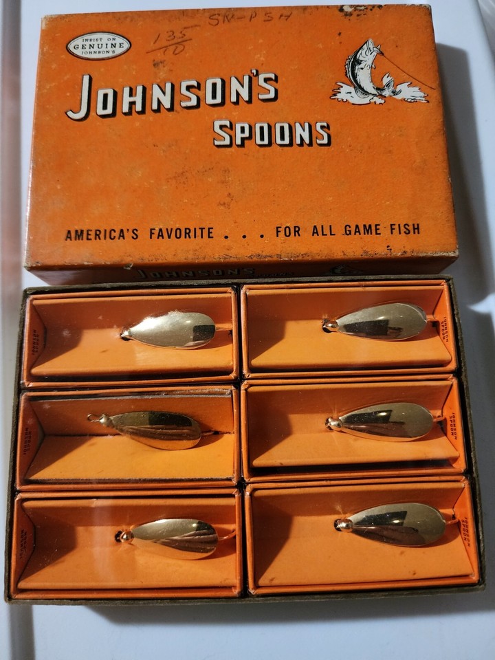 Johnson's Gold Fishing Lure Spoons New In Boxes Silver Minnows Rare ...