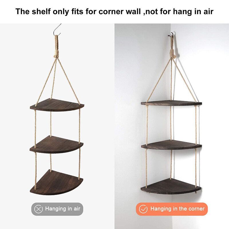 Retro Rope Wood Hanging Rack Corner Wall Shelf Storage Organizer Ladder ...