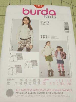 Burda Kids Pattern 9481 Girls Shorts in 3 Styles Sizes 4 5 6 7 8 9 ...