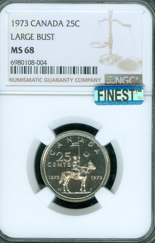 1973 LARGE BUST CANADA 25 CENTS NGC MS68 PQ FINEST GRADED MAC SPOTLESS ...