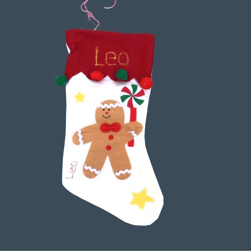 RED/WHITE GINGERBREAD MAN CHRISTMAS STOCKING "LEO" EMBELLISHED ON TOP ...