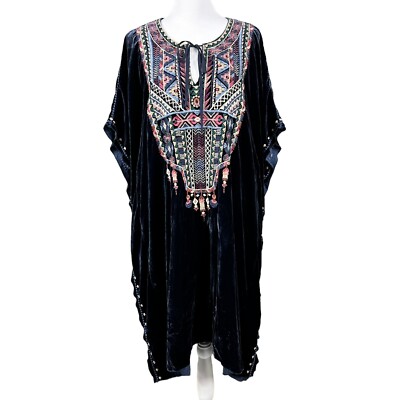 Johnny Was M Blue Velvet Embroidered Kaftan Dress Boho Festival Aztec ...