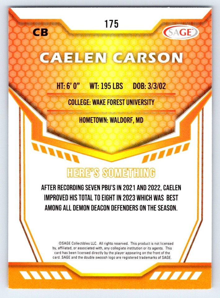 2024 Sage Hit High Series Caelan Carson #175 Wake Forest Rookie | eBay