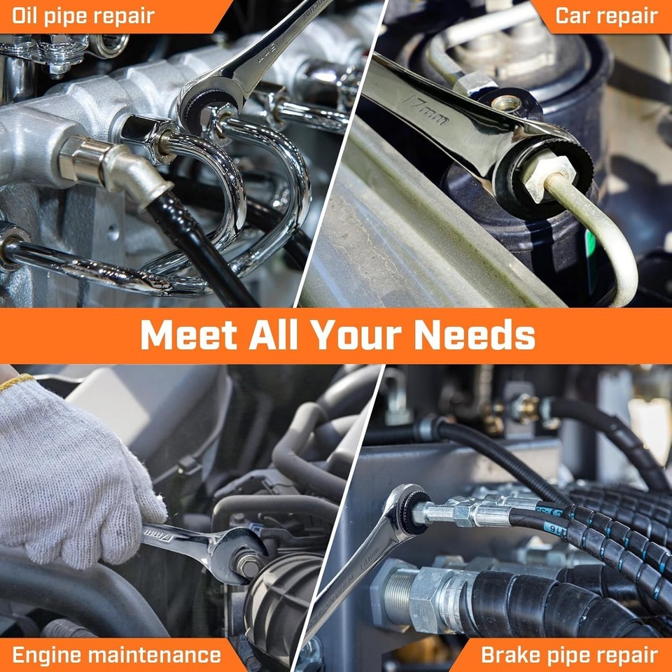 Metric Brake Line Wrench Set 10-17mm - Ratcheting Open-End Tool for ...