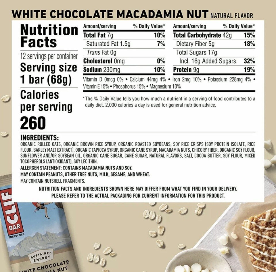 Clif Bar Energy Bars White Chocolate Macadamia (48 Individual Bars) 2 ...