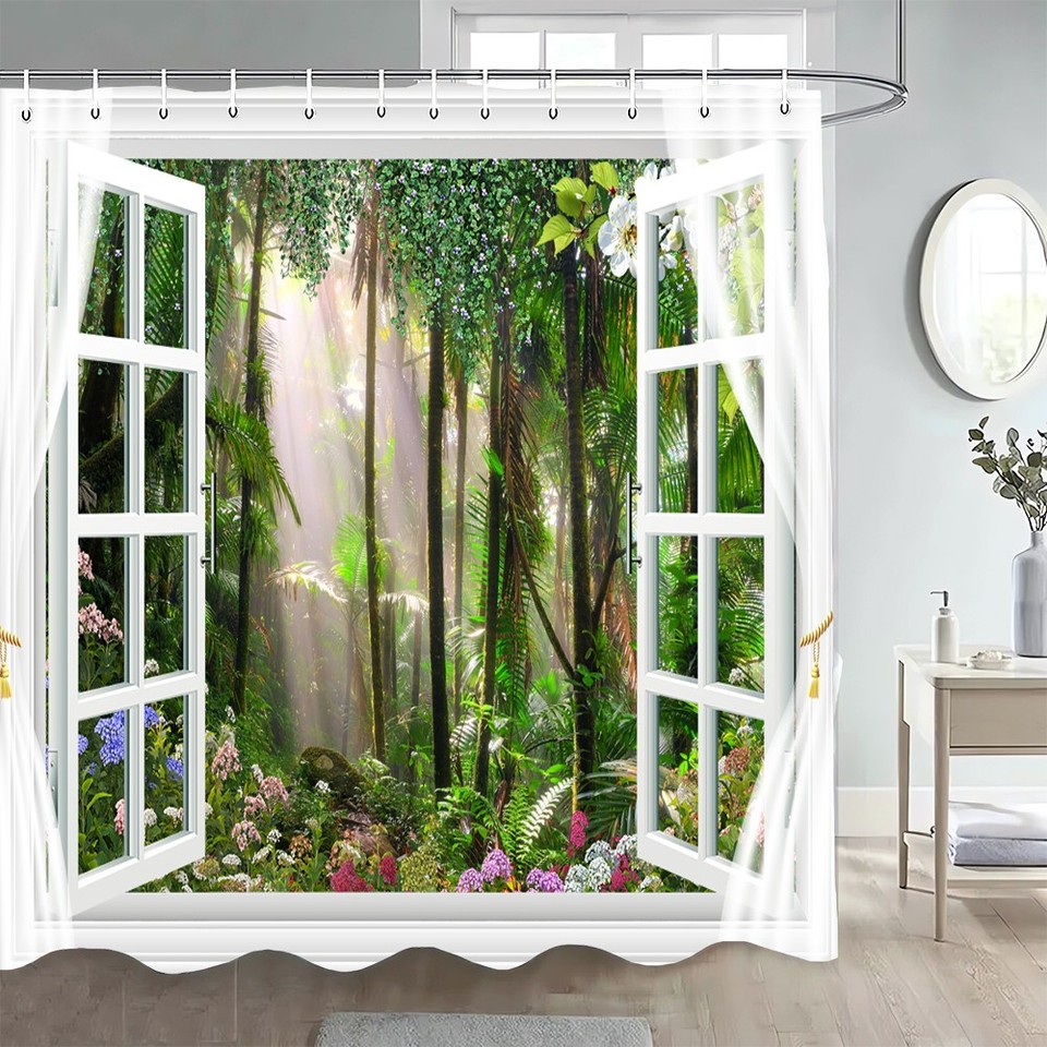 3D Window Leopard Forest Extra Long Shower Curtain Bathroom Waterproof ...