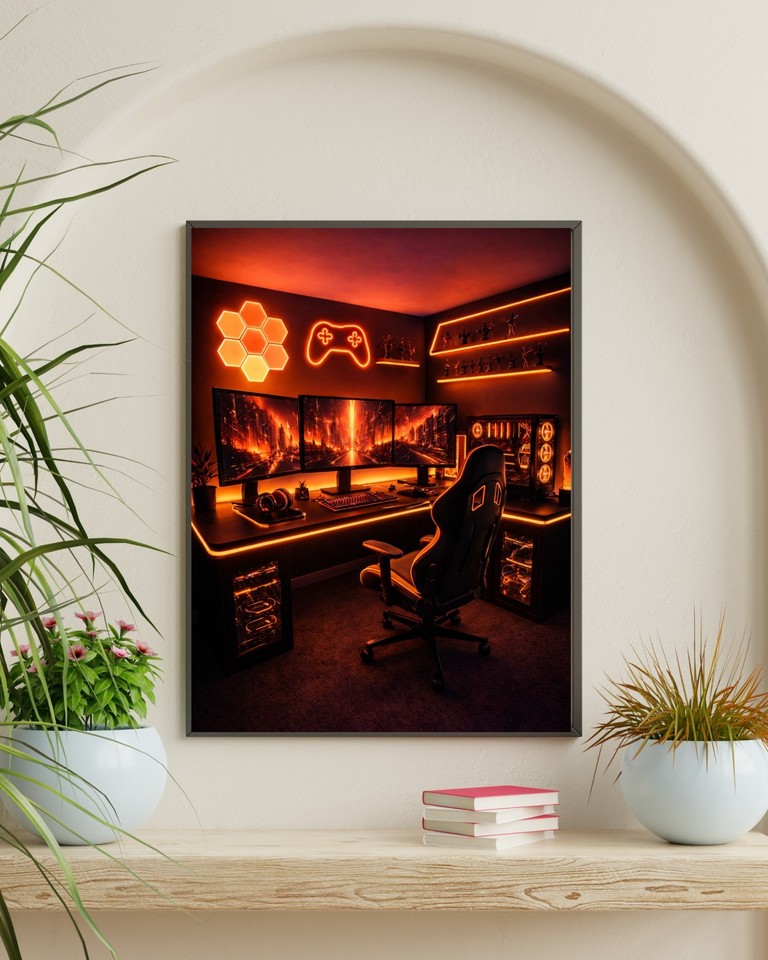 Orange Neon RGB Gaming Room Wall Art | Futuristic Gamer Setup | Digital ...