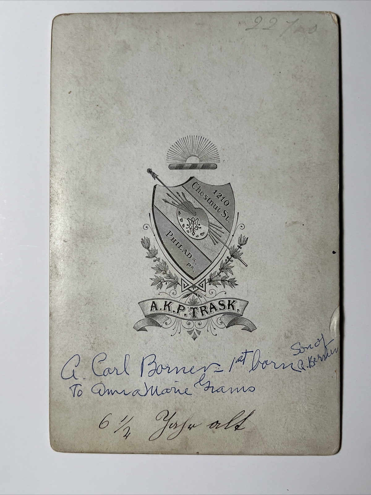 1880s Philadelphia PA A. CARL BORNER Boy in BOW antique Cabinet Card ...