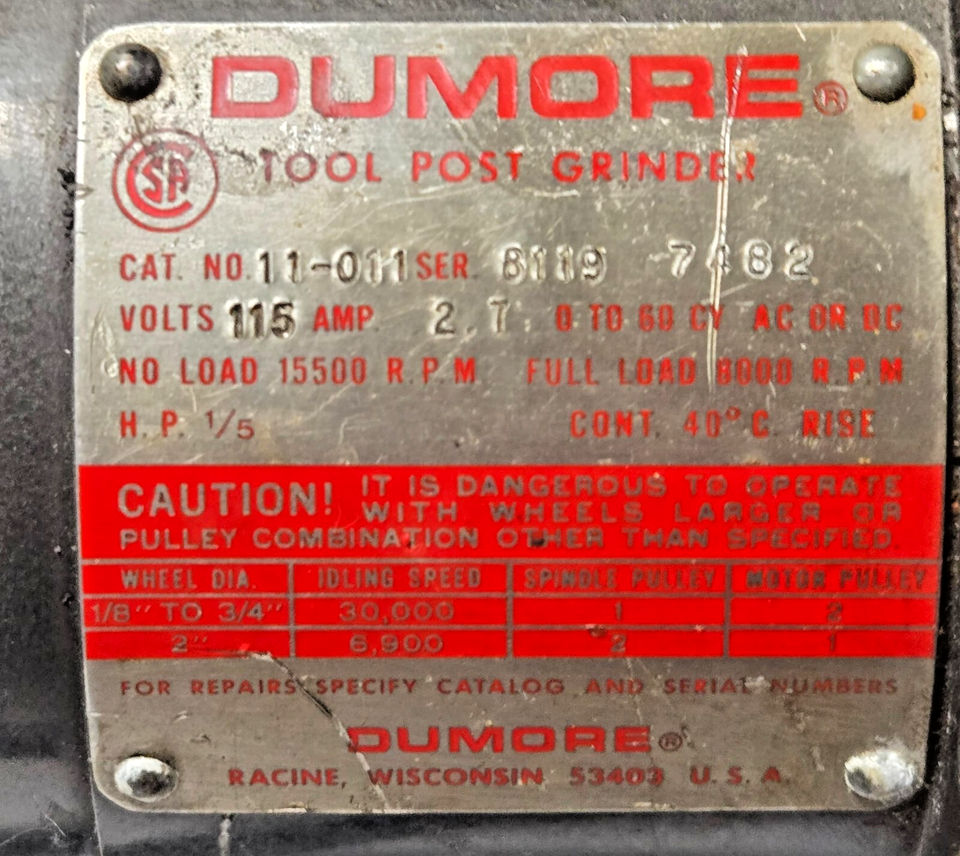 Precision Dumore 11-011 Tool Post Grinder Case Motor Lathe 1/5 HP ...