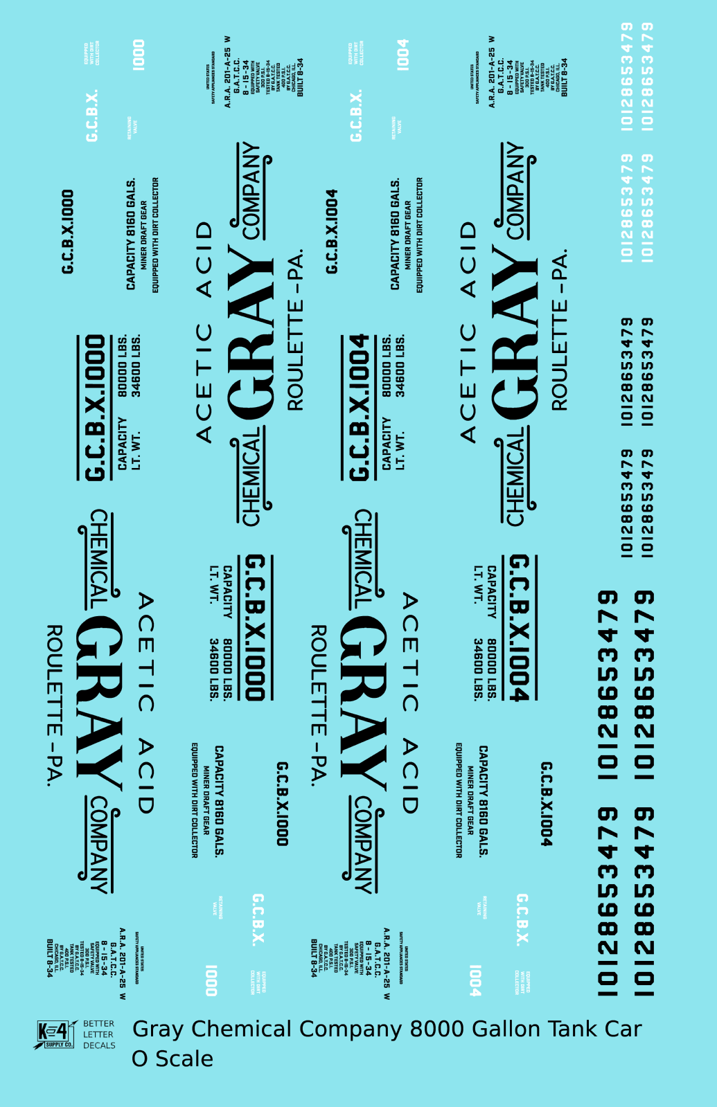 K4 O Scale Decals Gray Chemical Company Acetic Acid Tank Car Roulette ...