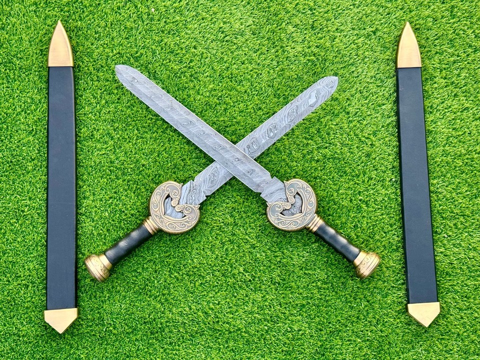 30" Double Horse Swords Custom Handmade Damascus With Leather Sheath ...