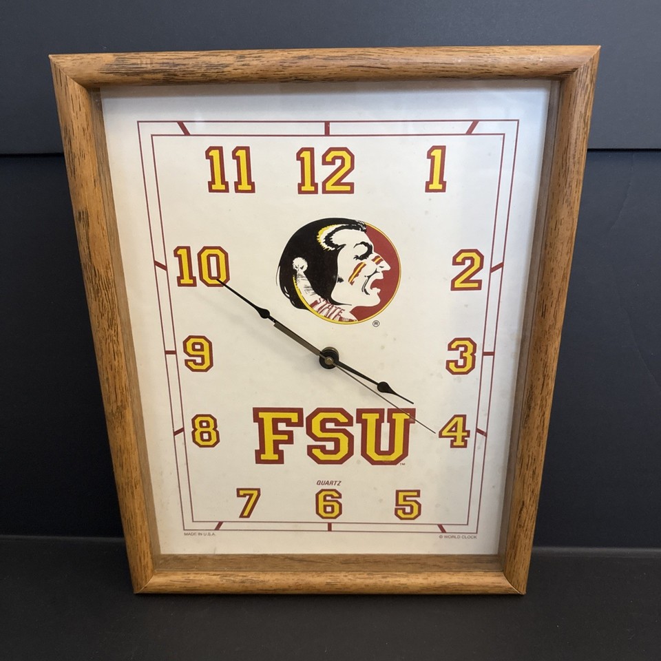 VTG 70's FSU Seminoles Wood Framed Glass Quartz World Wall Clock 14" X ...