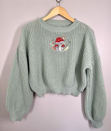 Cottagecore Green Mushroom Embroidered Cropped Balloon Sleeve Sweater ...