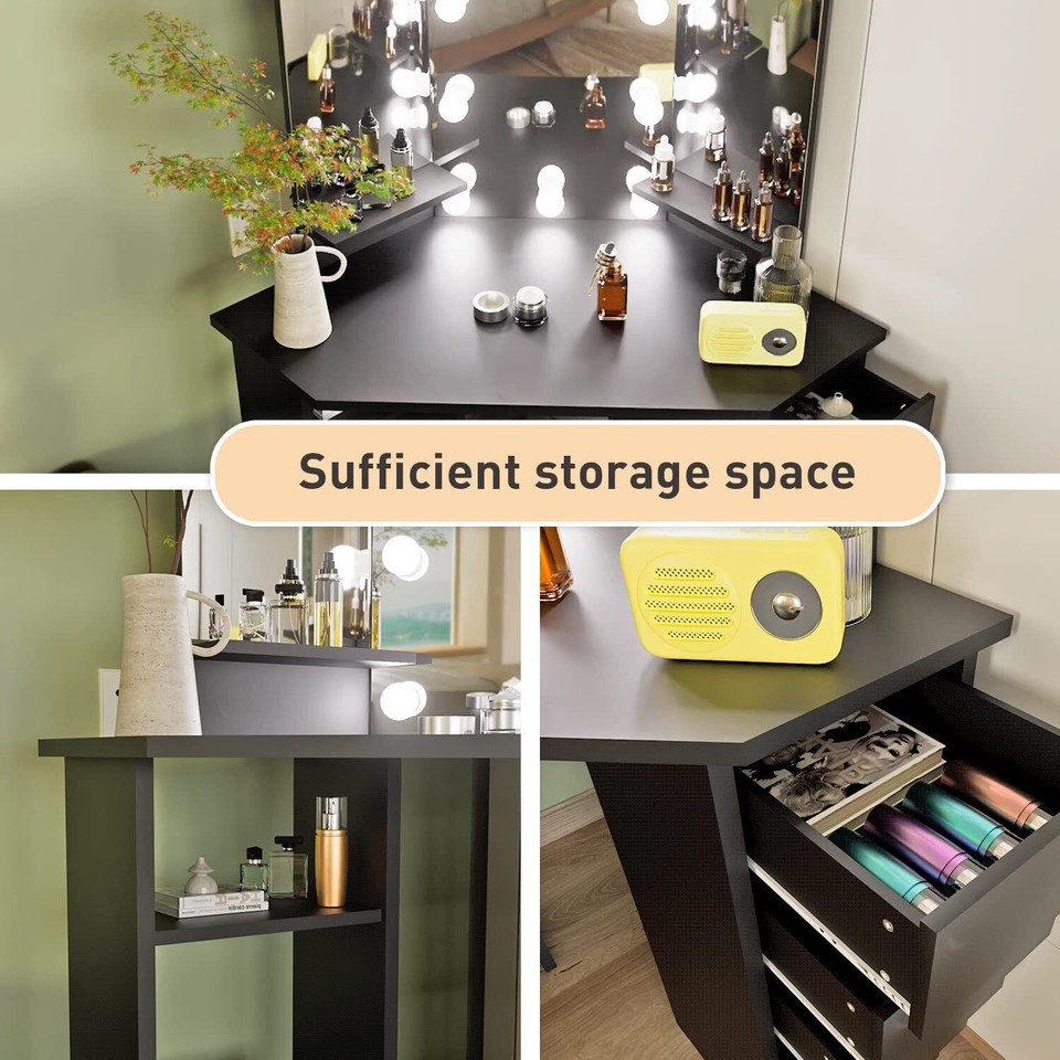 Corner Makeup Vanity Desk w/ Mirror and Lights 44'' Bedroom Vanity ...