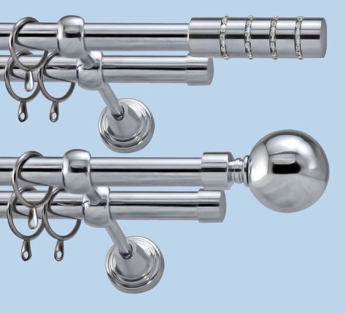 Metal Double Curtain Pole Rod Set Silver Brushed Chrome Diameter 19mm ...