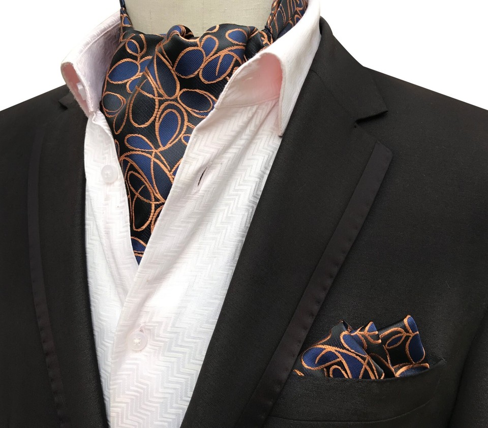 Classic Men's Ascot Cravat Tie Silk Paisley Blue Black Scarves Cravat ...