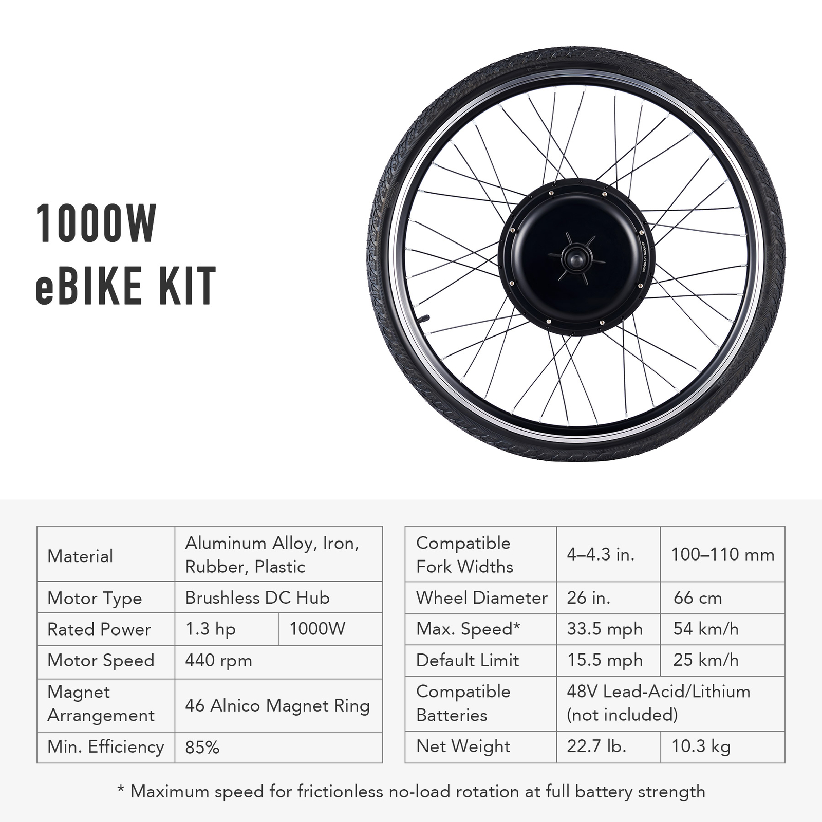 Electric Bicycle Conversion Kit 26" Front Wheel 1000W Hub Motor E Bike ...
