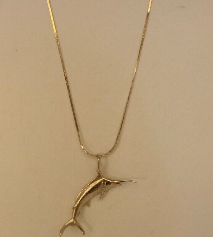 14K Yellow Gold "Marlin Fish" Pendant on 18.25" 14K Necklace Chain Set ...