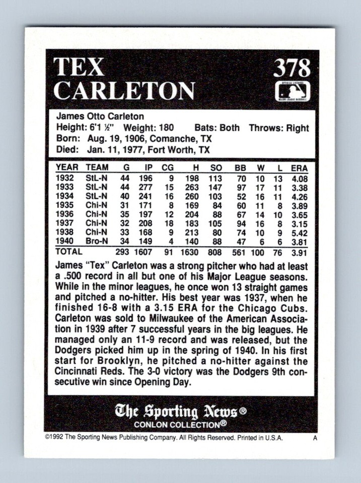 1992 Conlon Collection #378 Tex Carleton | eBay